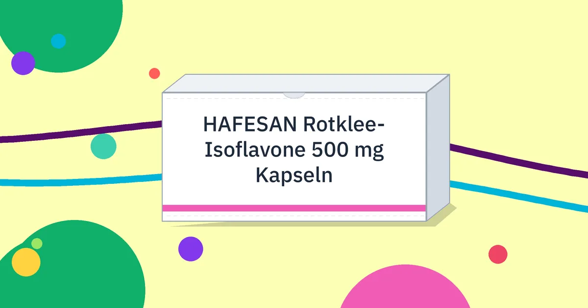Symbolbild: Packung mit der Aufschrift HAFESAN Rotklee-Isoflavone 500 mg Kapseln (PZN 03240638) – Verfügbarkeit und Bezug in Apotheken in Frankfurt am Main