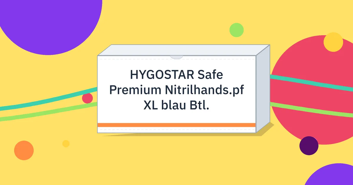 Symbolbild: Packung mit der Aufschrift HYGOSTAR Safe Premium Nitrilhands.pf XL blau Btl. (PZN 20773388) – Verfügbarkeit und Bezug in Apotheken in Frankfurt am Main
