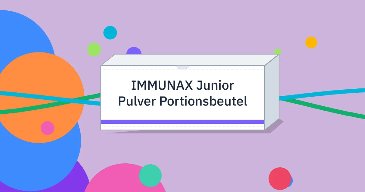Symbolbild: Packung mit der Aufschrift IMMUNAX Junior Pulver Portionsbeutel (PZN 19871223) – Verfügbarkeit und Bezug in Apotheken in Frankfurt am Main