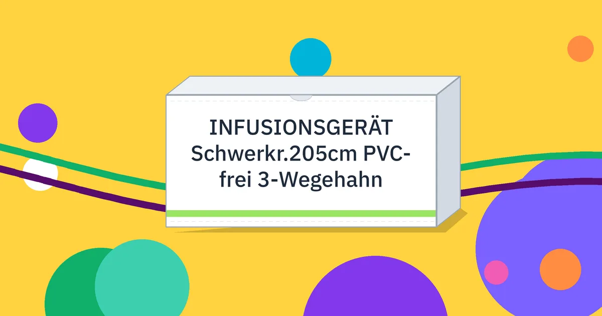 Symbolbild: Packung mit der Aufschrift INFUSIONSGERÄT Schwerkr.205cm PVC-frei 3-Wegehahn (PZN 19893934) – Verfügbarkeit und Bezug in Apotheken in Frankfurt am Main