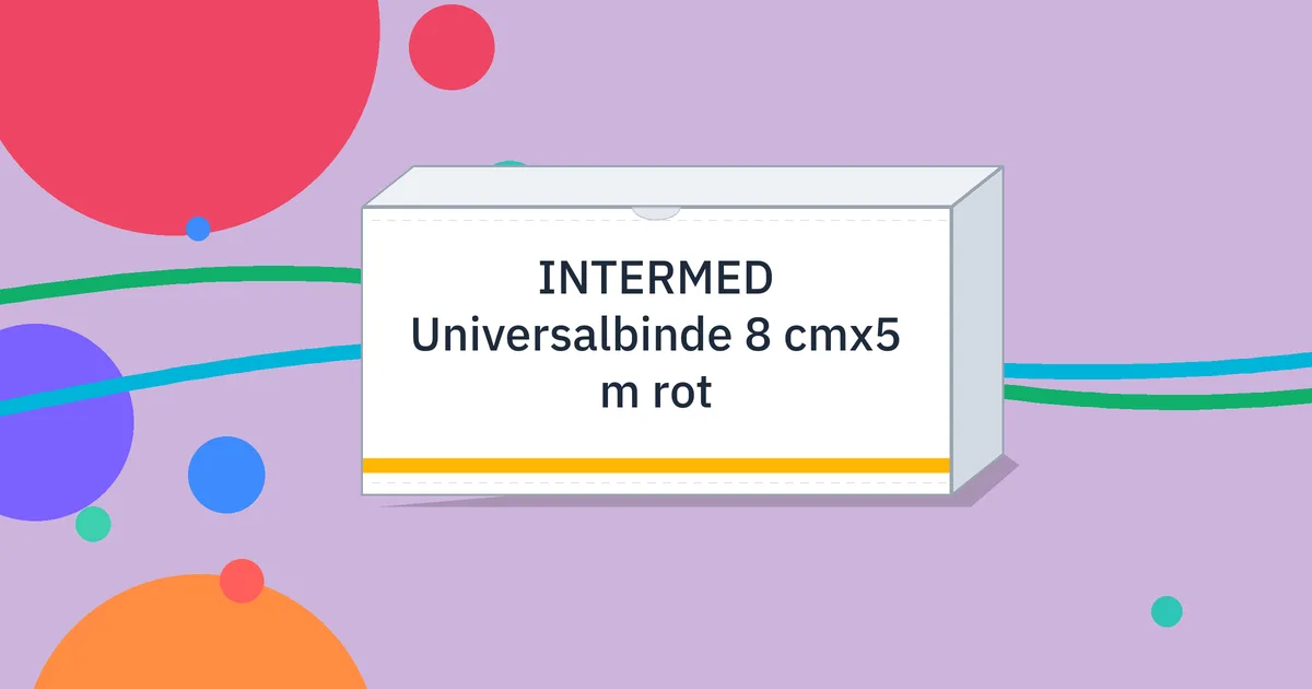 Symbolbild: Packung mit der Aufschrift INTERMED Universalbinde 8 cmx5 m rot (PZN 02561091) – Verfügbarkeit und Bezug in Apotheken in Frankfurt am Main