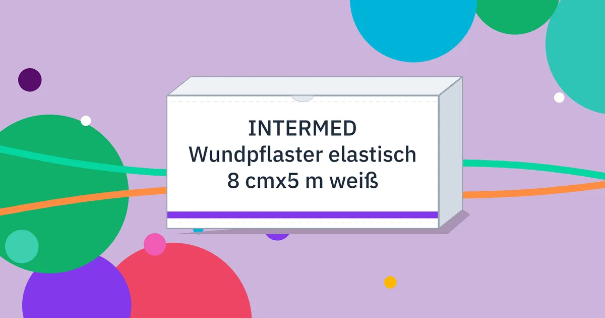 Symbolbild: Packung mit der Aufschrift INTERMED Wundpflaster elastisch 8 cmx5 m weiß (PZN 02671023) – Verfügbarkeit und Bezug in Apotheken in Frankfurt am Main