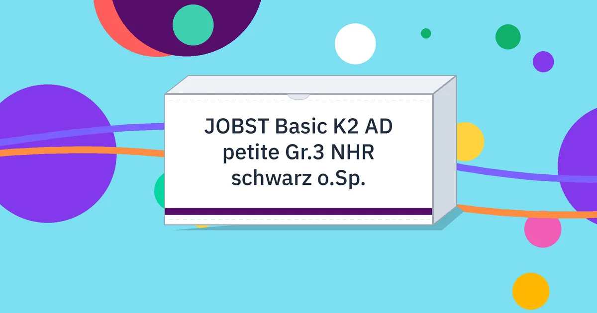 Symbolbild: Packung mit der Aufschrift JOBST Basic K2 AD petite Gr.3 NHR schwarz o.Sp. (PZN 15313207) – Verfügbarkeit und Bezug in Apotheken in Frankfurt am Main