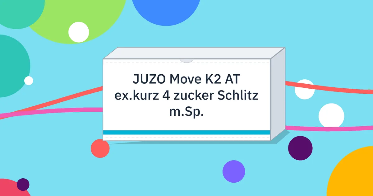 Symbolbild: Packung mit der Aufschrift JUZO Move K2 AT ex.kurz 4 zucker Schlitz m.Sp. (PZN 20671558) – Verfügbarkeit und Bezug in Apotheken in Frankfurt am Main