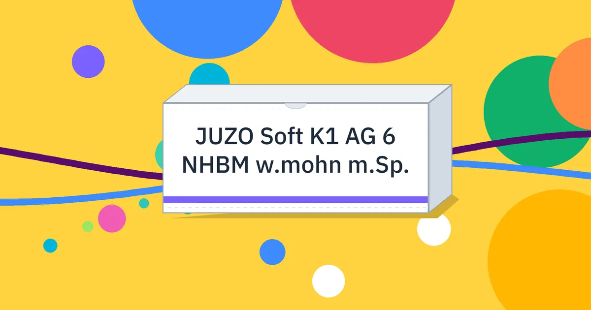 Symbolbild: Packung mit der Aufschrift JUZO Soft K1 AG 6 NHBM w.mohn m.Sp. (PZN 15015711) – Verfügbarkeit und Bezug in Apotheken in Frankfurt am Main
