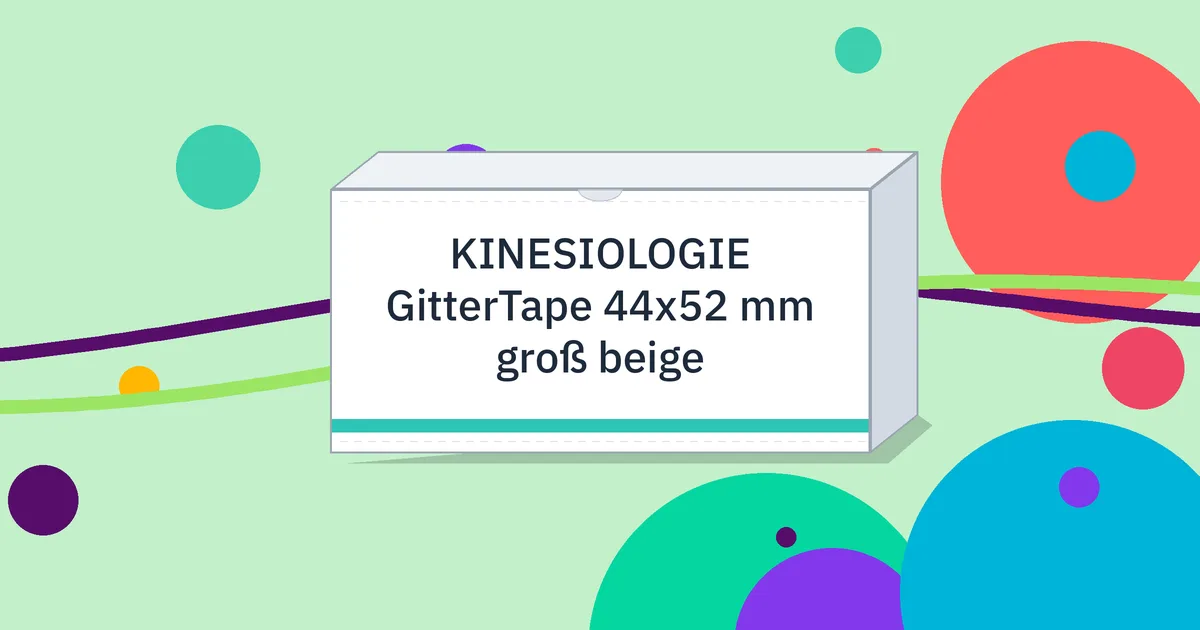 Symbolbild: Packung mit der Aufschrift KINESIOLOGIE GitterTape 44x52 mm groß beige (PZN 09629892) – Verfügbarkeit und Bezug in Apotheken in Frankfurt am Main