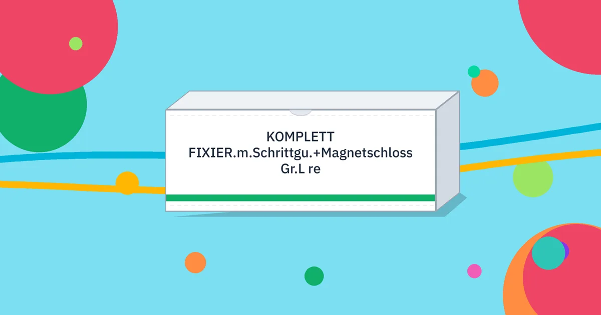 Symbolbild: Packung mit der Aufschrift KOMPLETT FIXIER.m.Schrittgu.+Magnetschloss Gr.L re (PZN 11573130) – Verfügbarkeit und Bezug in Apotheken in Frankfurt am Main