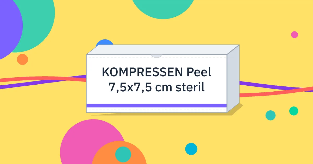 Symbolbild: Packung mit der Aufschrift KOMPRESSEN Peel 7,5x7,5 cm steril (PZN 03040678) – Verfügbarkeit und Bezug in Apotheken in Frankfurt am Main