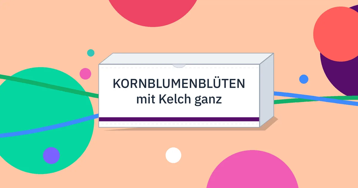 Symbolbild: Packung mit der Aufschrift KORNBLUMENBLÜTEN mit Kelch ganz (PZN 10023864) – Verfügbarkeit und Bezug in Apotheken in Frankfurt am Main