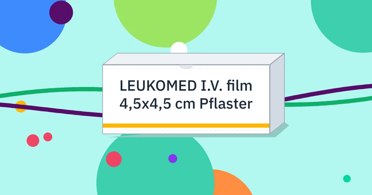 Symbolbild: Packung mit der Aufschrift LEUKOMED I.V. film 4,5x4,5 cm Pflaster (PZN 16002001) – Verfügbarkeit und Bezug in Apotheken in Frankfurt am Main