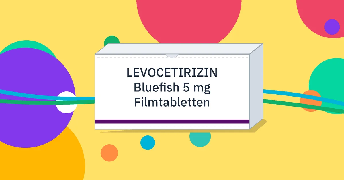 Symbolbild: Packung mit der Aufschrift LEVOCETIRIZIN Bluefish 5 mg Filmtabletten (PZN 00139459) – Verfügbarkeit und Bezug in Apotheken in Frankfurt am Main