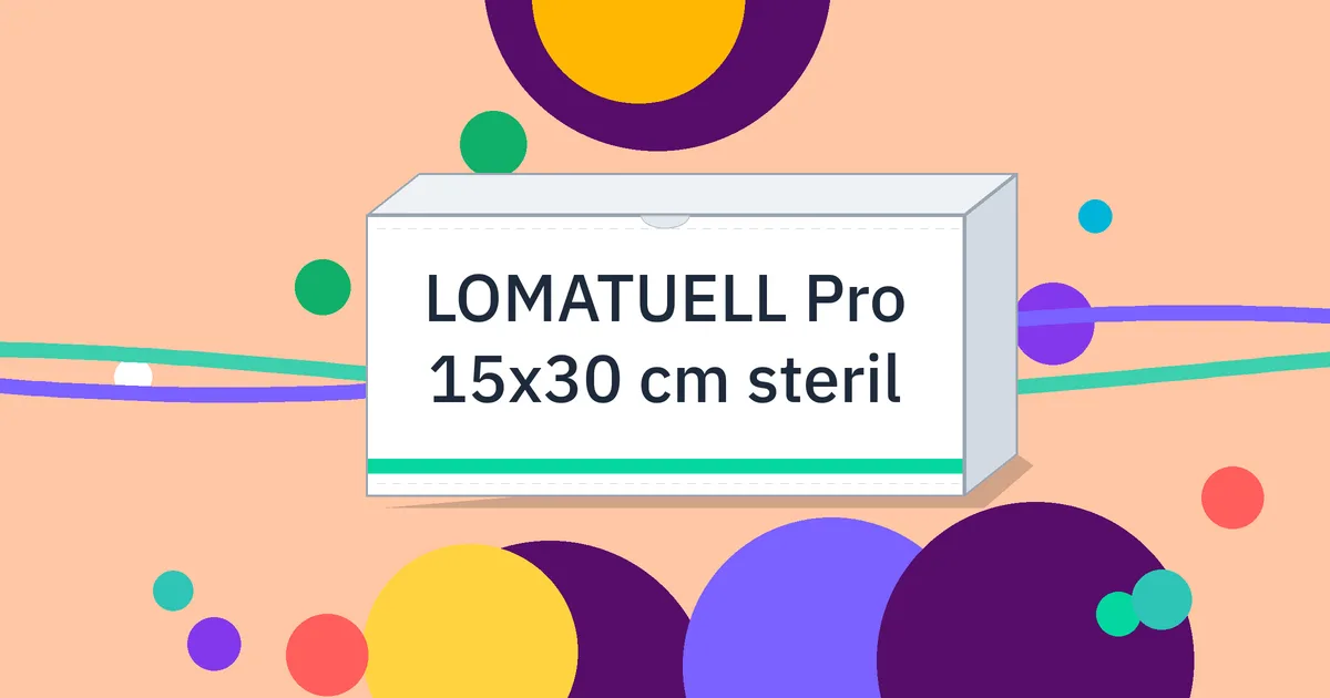 Symbolbild: Packung mit der Aufschrift LOMATUELL Pro 15x30 cm steril (PZN 19975709) – Verfügbarkeit und Bezug in Apotheken in Frankfurt am Main