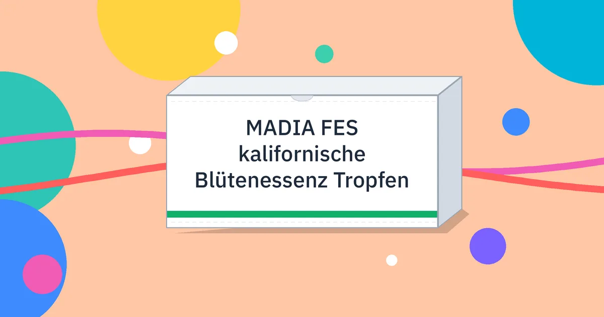 Symbolbild: Packung mit der Aufschrift MADIA FES kalifornische Blütenessenz Tropfen (PZN 09173558) – Verfügbarkeit und Bezug in Apotheken in Frankfurt am Main