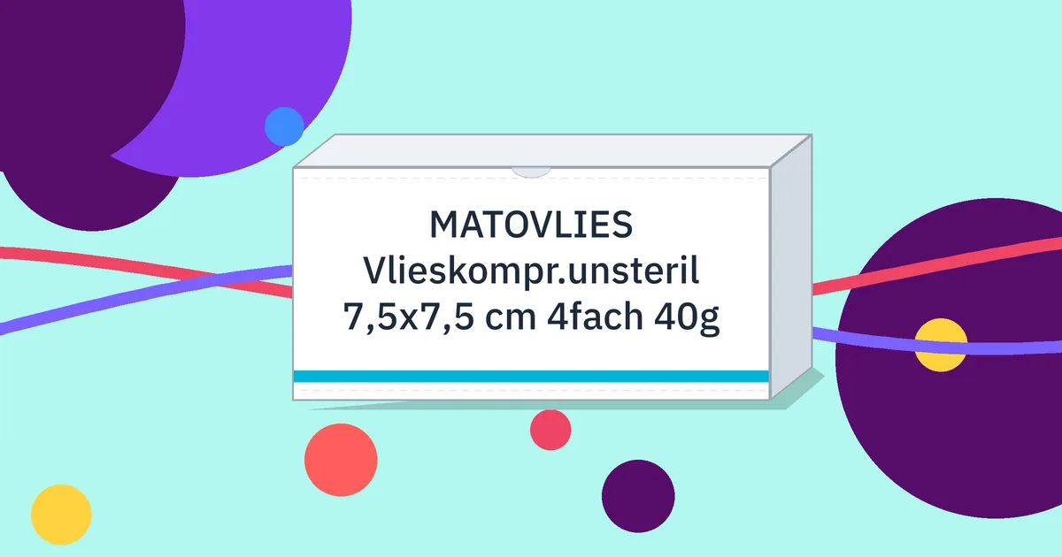 Symbolbild: Packung mit der Aufschrift MATOVLIES Vlieskompr.unsteril 7,5x7,5 cm 4fach 40g (PZN 16327418) – Verfügbarkeit und Bezug in Apotheken in Frankfurt am Main