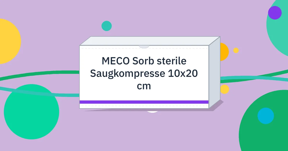 Symbolbild: Packung mit der Aufschrift MECO Sorb sterile Saugkompresse 10x20 cm (PZN 18668164) – Verfügbarkeit und Bezug in Apotheken in Frankfurt am Main