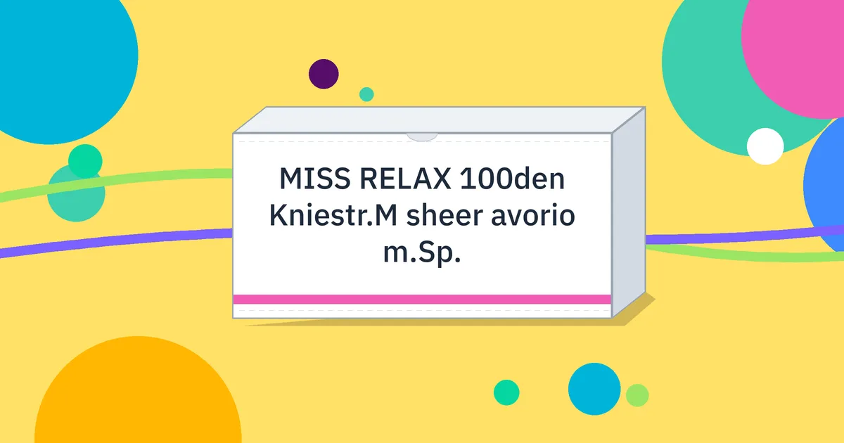 Symbolbild: Packung mit der Aufschrift MISS RELAX 100den Kniestr.M sheer avorio m.Sp. (PZN 01635410) – Verfügbarkeit und Bezug in Apotheken in Frankfurt am Main