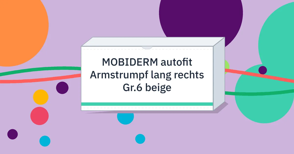 Symbolbild: Packung mit der Aufschrift MOBIDERM autofit Armstrumpf lang rechts Gr.6 beige (PZN 19742000) – Verfügbarkeit und Bezug in Apotheken in Frankfurt am Main
