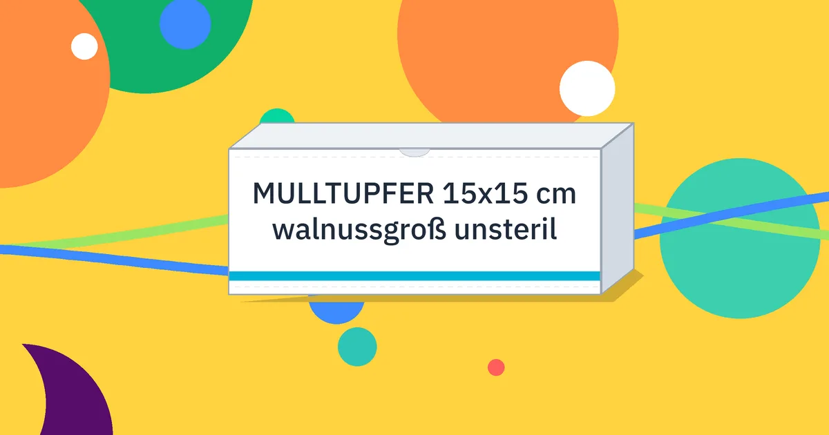 Symbolbild: Packung mit der Aufschrift MULLTUPFER 15x15 cm walnussgroß unsteril (PZN 00659118) – Verfügbarkeit und Bezug in Apotheken in Frankfurt am Main