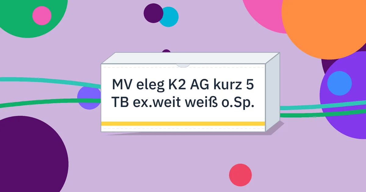 Symbolbild: Packung mit der Aufschrift MV eleg K2 AG kurz 5 TB ex.weit weiß o.Sp. (PZN 09880646) – Verfügbarkeit und Bezug in Apotheken in Frankfurt am Main