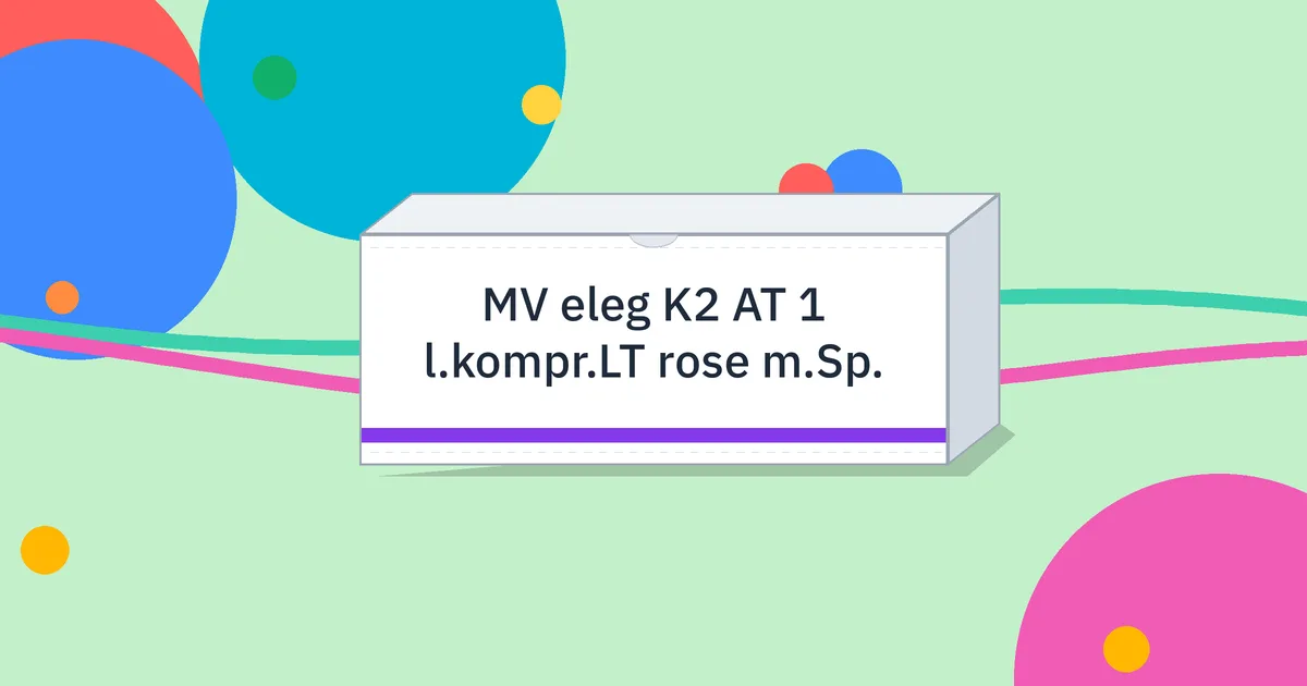 Symbolbild: Packung mit der Aufschrift MV eleg K2 AT 1 l.kompr.LT rose m.Sp. (PZN 15286120) – Verfügbarkeit und Bezug in Apotheken in Frankfurt am Main