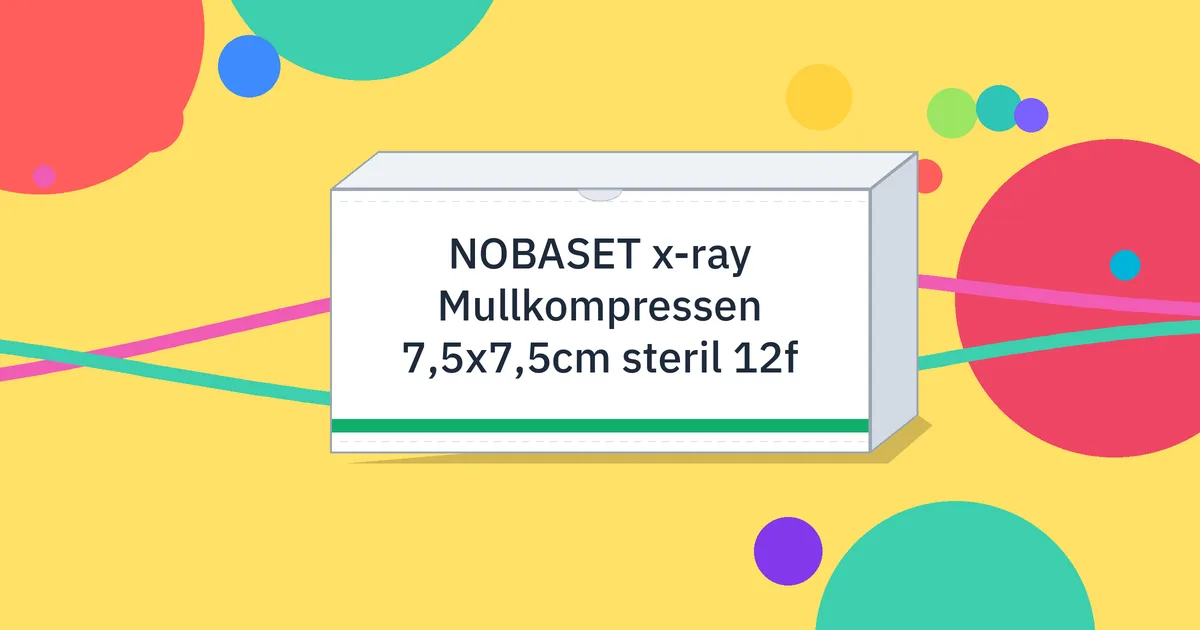 Symbolbild: Packung mit der Aufschrift NOBASET x-ray Mullkompressen 7,5x7,5cm steril 12f (PZN 16817973) – Verfügbarkeit und Bezug in Apotheken in Frankfurt am Main