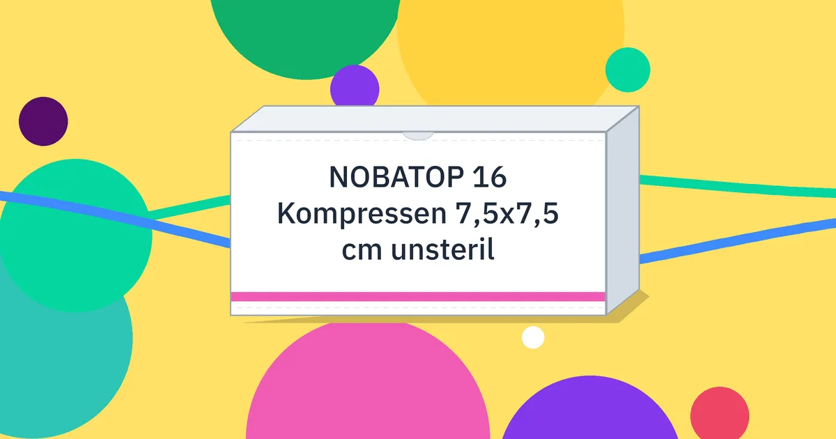 Symbolbild: Packung mit der Aufschrift NOBATOP 16 Kompressen 7,5x7,5 cm unsteril (PZN 16259705) – Verfügbarkeit und Bezug in Apotheken in Frankfurt am Main