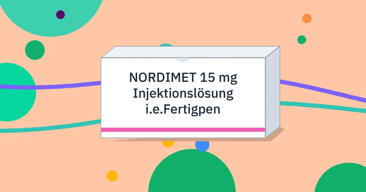Symbolbild: Packung mit der Aufschrift NORDIMET 15 mg Injektionslösung i.e.Fertigpen (PZN 15264472) – Verfügbarkeit und Bezug in Apotheken in Frankfurt am Main