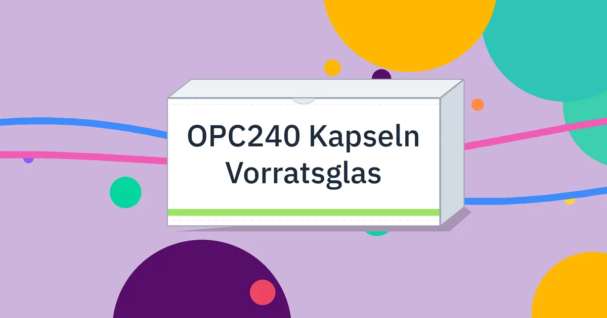 Symbolbild: Packung mit der Aufschrift OPC240 Kapseln Vorratsglas (PZN 18791597) – Verfügbarkeit und Bezug in Apotheken in Frankfurt am Main
