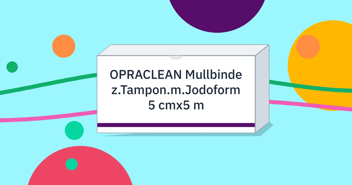 Symbolbild: Packung mit der Aufschrift OPRACLEAN Mullbinde z.Tampon.m.Jodoform 5 cmx5 m (PZN 14295246) – Verfügbarkeit und Bezug in Apotheken in Frankfurt am Main