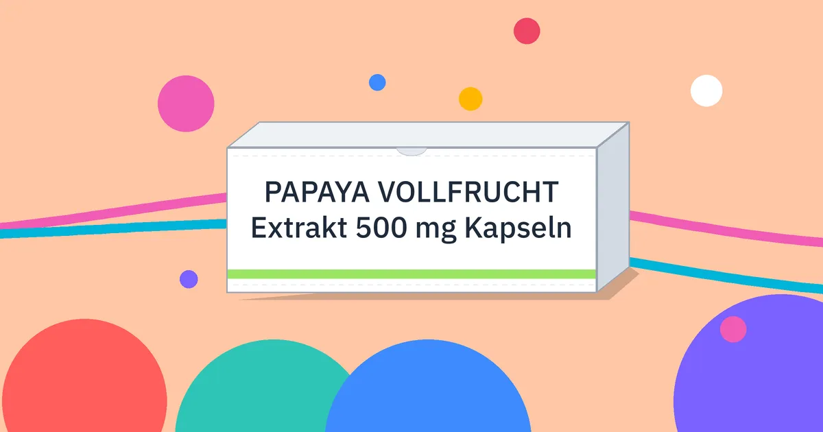 Symbolbild: Packung mit der Aufschrift PAPAYA VOLLFRUCHT Extrakt 500 mg Kapseln (PZN 11048004) – Verfügbarkeit und Bezug in Apotheken in Frankfurt am Main