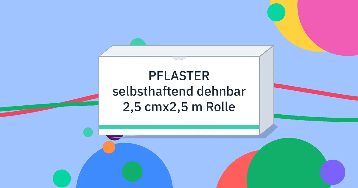Symbolbild: Packung mit der Aufschrift PFLASTER selbsthaftend dehnbar 2,5 cmx2,5 m Rolle (PZN 10063148) – Verfügbarkeit und Bezug in Apotheken in Frankfurt am Main