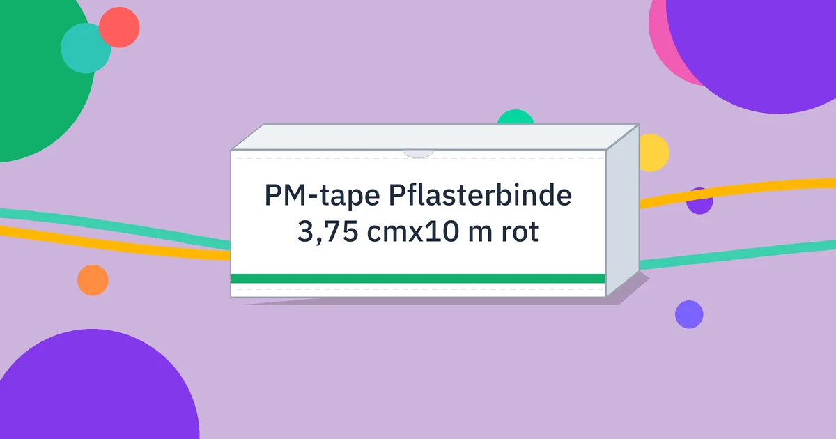 Symbolbild: Packung mit der Aufschrift PM-tape Pflasterbinde 3,75 cmx10 m rot (PZN 18846743) – Verfügbarkeit und Bezug in Apotheken in Frankfurt am Main
