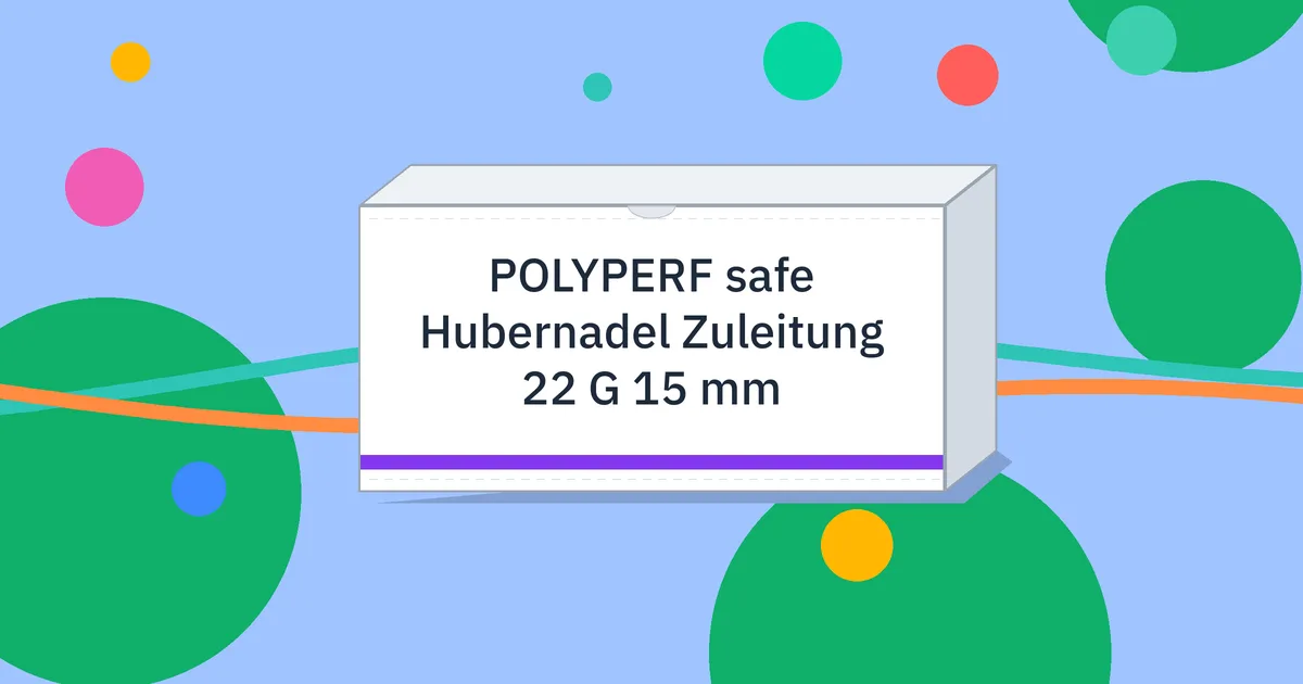 Symbolbild: Packung mit der Aufschrift POLYPERF safe Hubernadel Zuleitung 22 G 15 mm (PZN 13866391) – Verfügbarkeit und Bezug in Apotheken in Frankfurt am Main