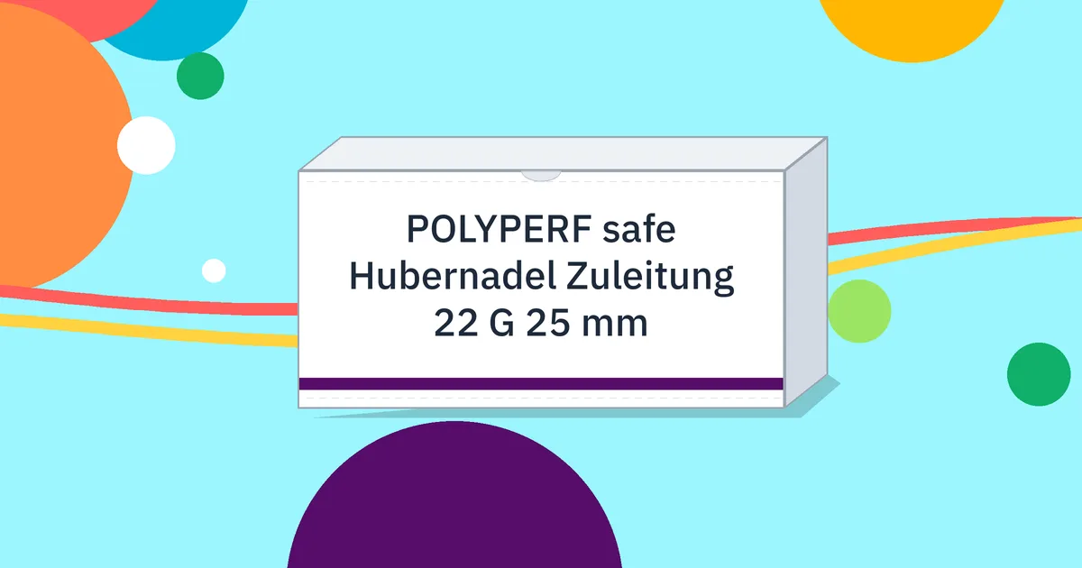 Symbolbild: Packung mit der Aufschrift POLYPERF safe Hubernadel Zuleitung 22 G 25 mm (PZN 13866439) – Verfügbarkeit und Bezug in Apotheken in Frankfurt am Main