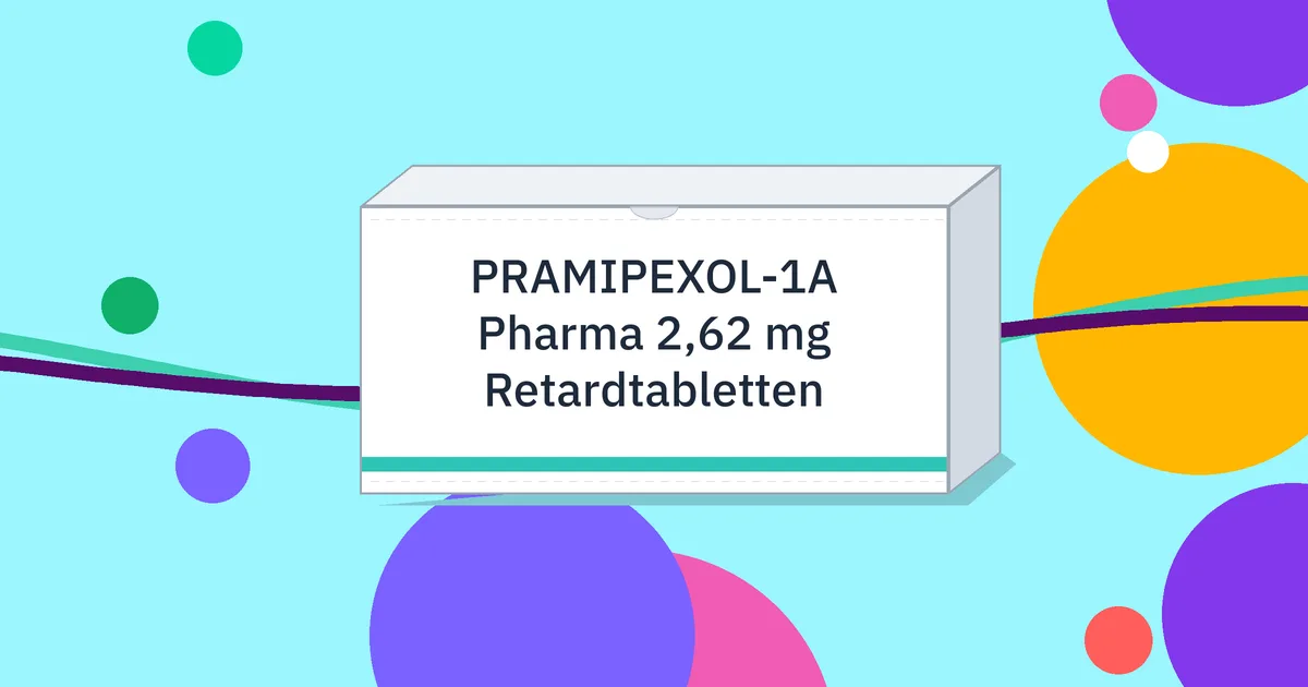 Symbolbild: Packung mit der Aufschrift PRAMIPEXOL-1A Pharma 2,62 mg Retardtabletten (PZN 07604385) – Verfügbarkeit und Bezug in Apotheken in Frankfurt am Main