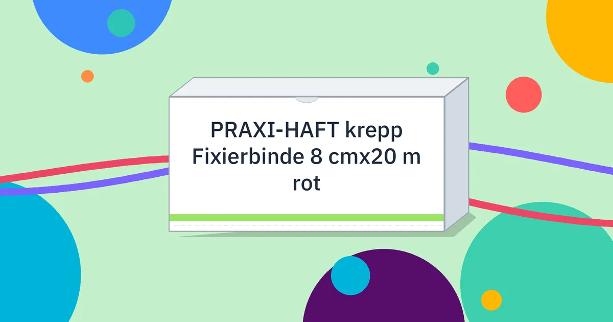 Symbolbild: Packung mit der Aufschrift PRAXI-HAFT krepp Fixierbinde 8 cmx20 m rot (PZN 12826403) – Verfügbarkeit und Bezug in Apotheken in Frankfurt am Main