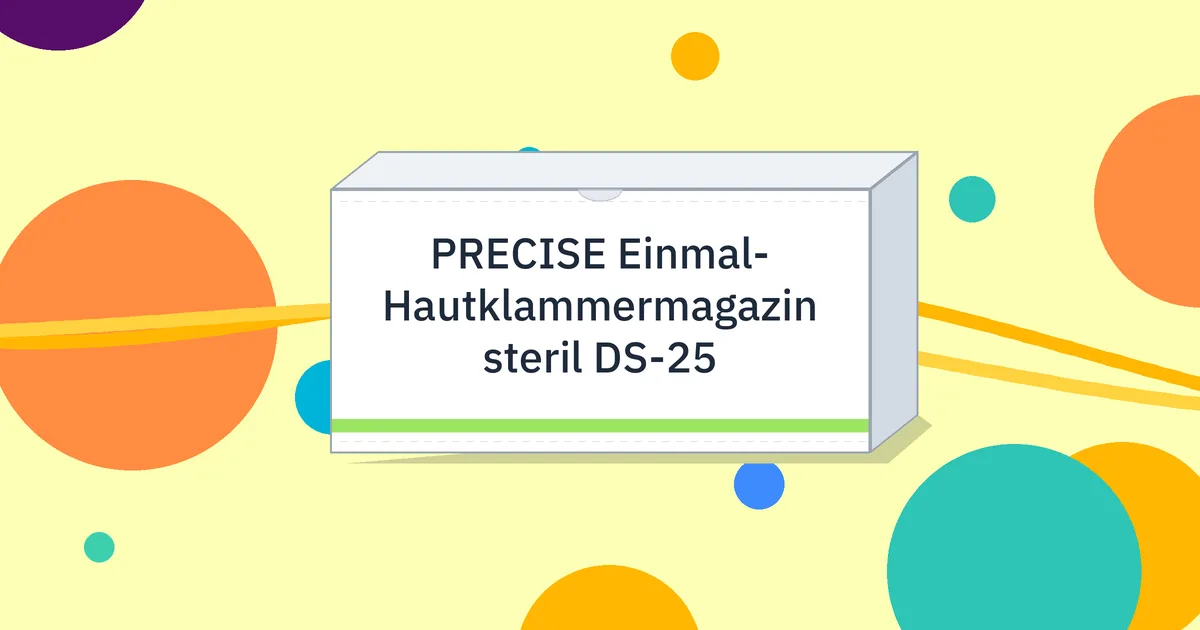 Symbolbild: Packung mit der Aufschrift PRECISE Einmal-Hautklammermagazin steril DS-25 (PZN 12773233) – Verfügbarkeit und Bezug in Apotheken in Frankfurt am Main