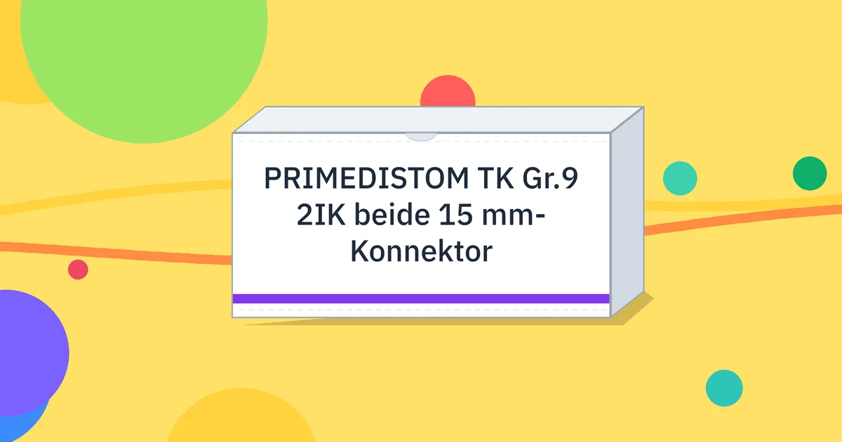 Symbolbild: Packung mit der Aufschrift PRIMEDISTOM TK Gr.9 2IK beide 15 mm-Konnektor (PZN 10209706) – Verfügbarkeit und Bezug in Apotheken in Frankfurt am Main