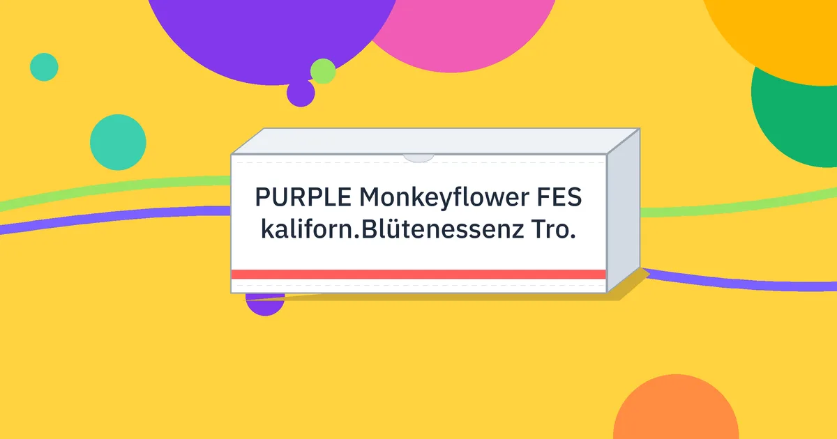 Symbolbild: Packung mit der Aufschrift PURPLE Monkeyflower FES kaliforn.Blütenessenz Tro. (PZN 09173771) – Verfügbarkeit und Bezug in Apotheken in Frankfurt am Main