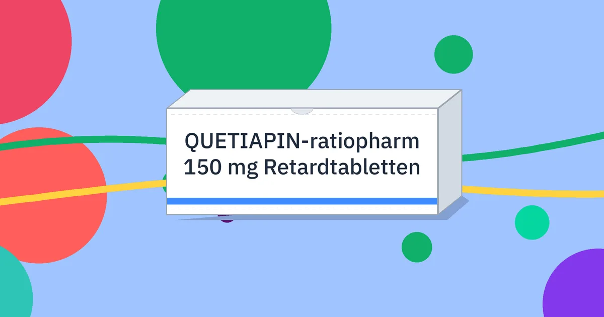 Symbolbild: Packung mit der Aufschrift QUETIAPIN-ratiopharm 150 mg Retardtabletten (PZN 09266975) – Verfügbarkeit und Bezug in Apotheken in Frankfurt am Main