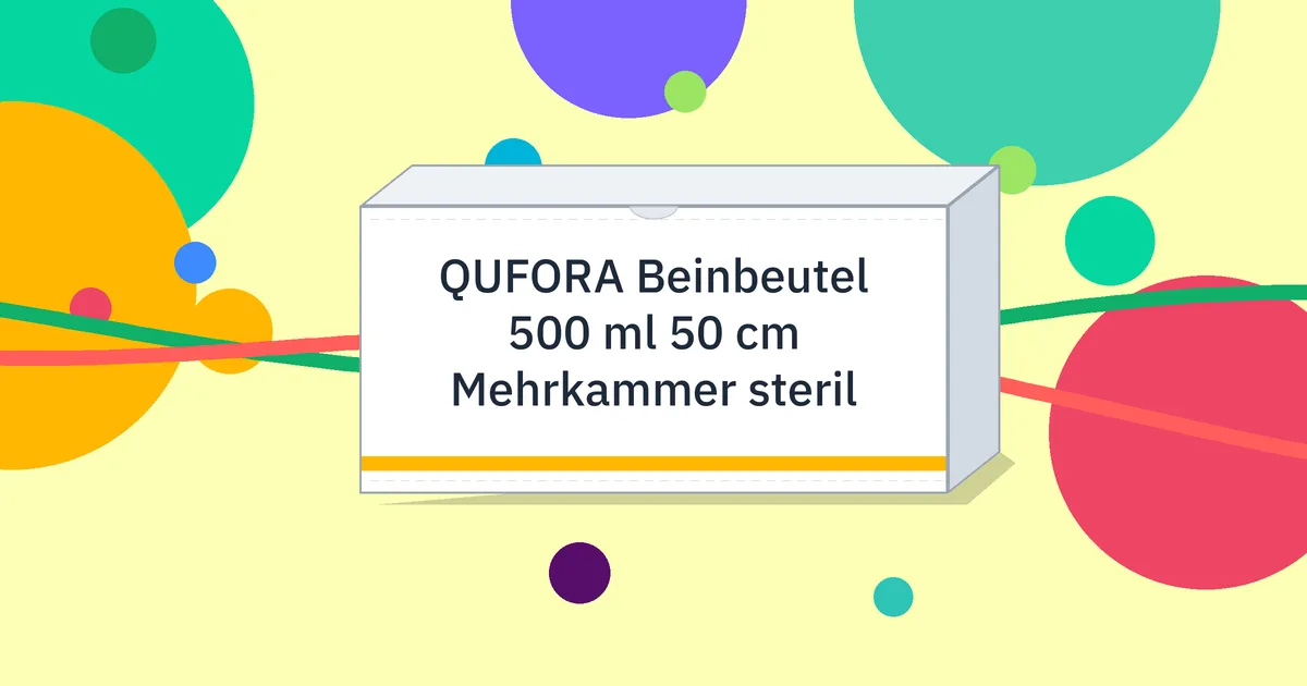 Symbolbild: Packung mit der Aufschrift QUFORA Beinbeutel 500 ml 50 cm Mehrkammer steril (PZN 02292969) – Verfügbarkeit und Bezug in Apotheken in Frankfurt am Main