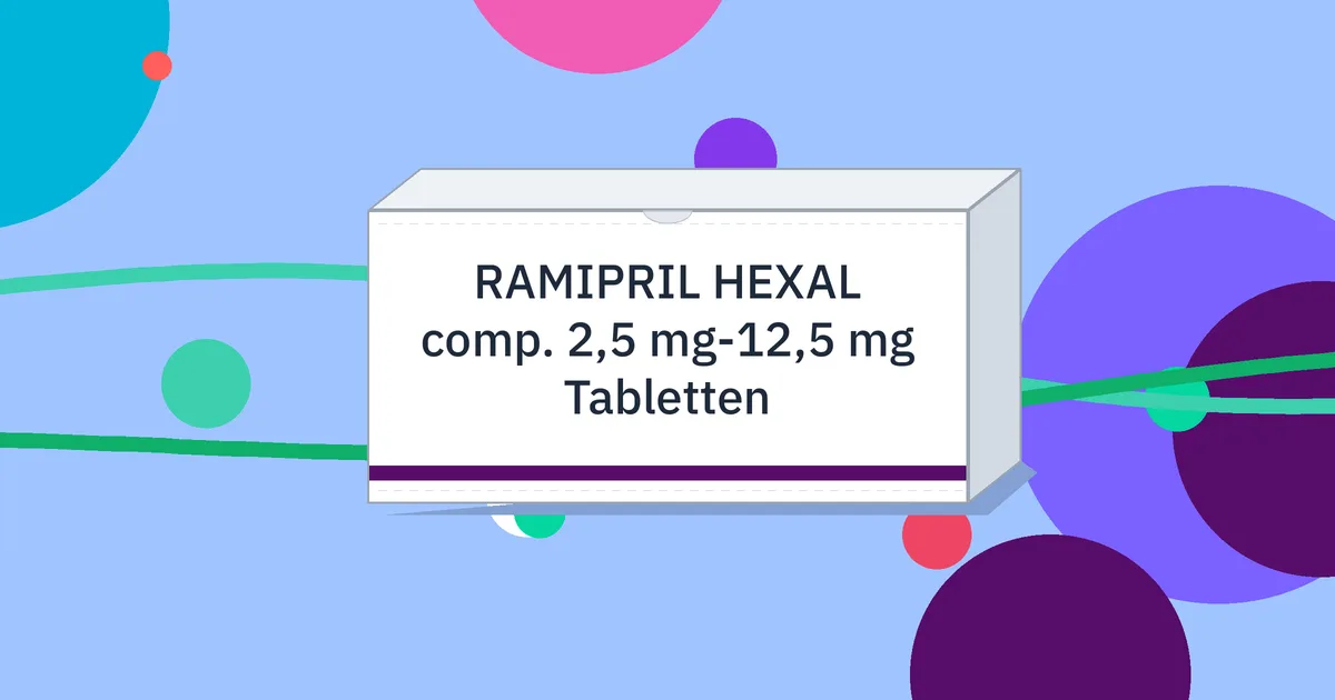 Symbolbild: Packung mit der Aufschrift RAMIPRIL HEXAL comp. 2,5 mg-12,5 mg Tabletten (PZN 00762448) – Verfügbarkeit und Bezug in Apotheken in Frankfurt am Main
