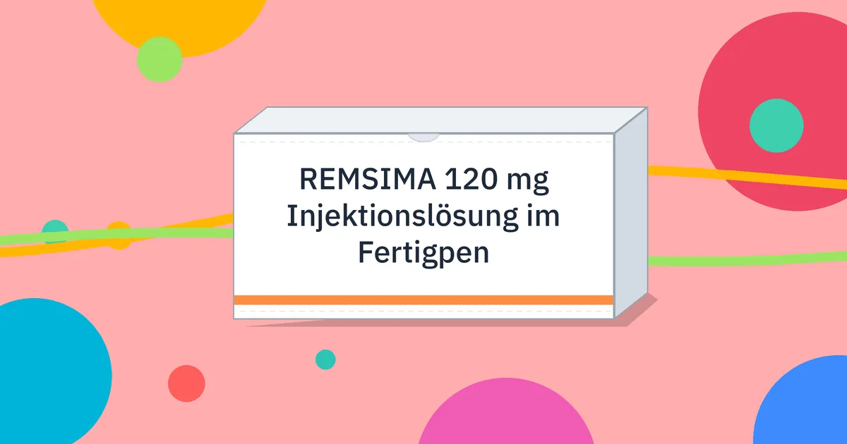 Symbolbild: Packung mit der Aufschrift REMSIMA 120 mg Injektionslösung im Fertigpen (PZN 18787644) – Verfügbarkeit und Bezug in Apotheken in Frankfurt am Main