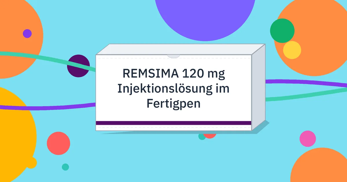 Symbolbild: Packung mit der Aufschrift REMSIMA 120 mg Injektionslösung im Fertigpen (PZN 19053275) – Verfügbarkeit und Bezug in Apotheken in Frankfurt am Main