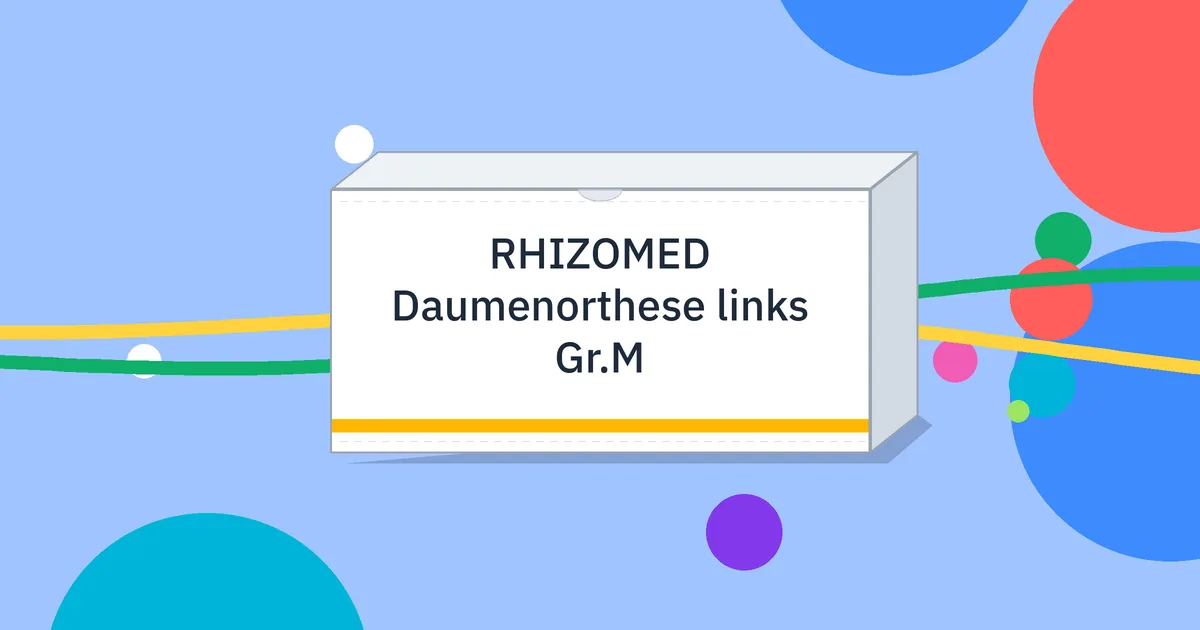 Symbolbild: Packung mit der Aufschrift RHIZOMED Daumenorthese links Gr.M (PZN 05362469) – Verfügbarkeit und Bezug in Apotheken in Frankfurt am Main
