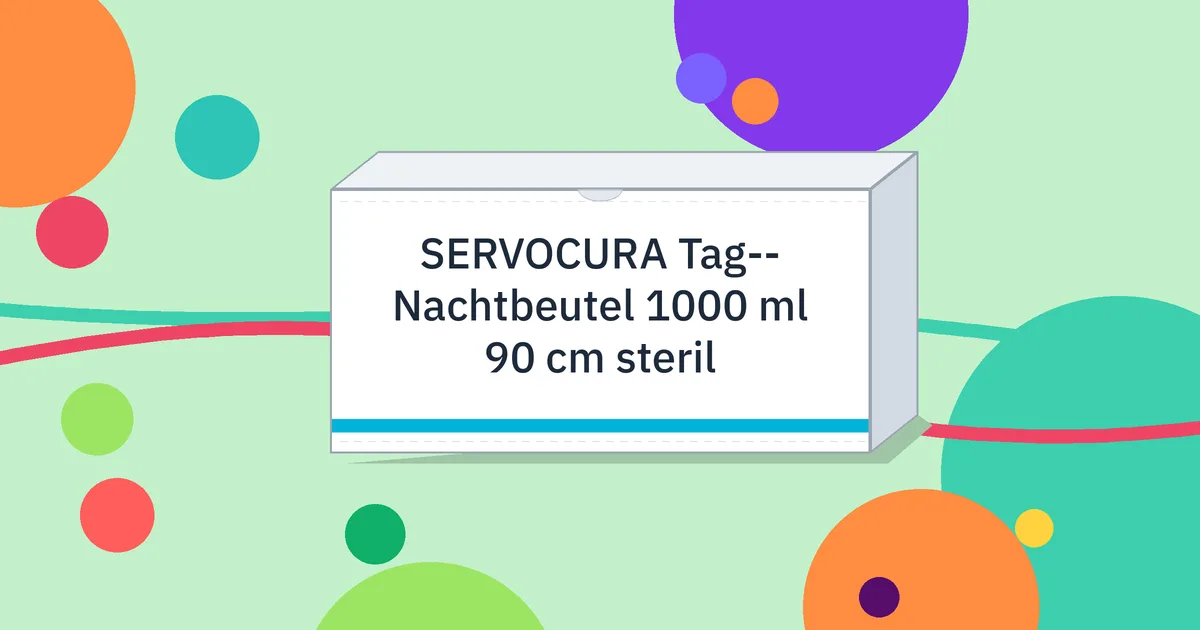 Symbolbild: Packung mit der Aufschrift SERVOCURA Tag--Nachtbeutel 1000 ml 90 cm steril (PZN 17363215) – Verfügbarkeit und Bezug in Apotheken in Frankfurt am Main
