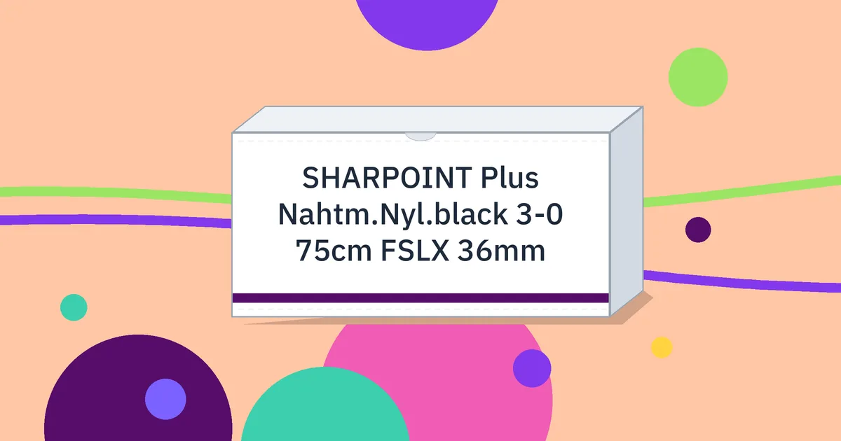 Symbolbild: Packung mit der Aufschrift SHARPOINT Plus Nahtm.Nyl.black 3-0 75cm FSLX 36mm (PZN 17984199) – Verfügbarkeit und Bezug in Apotheken in Frankfurt am Main
