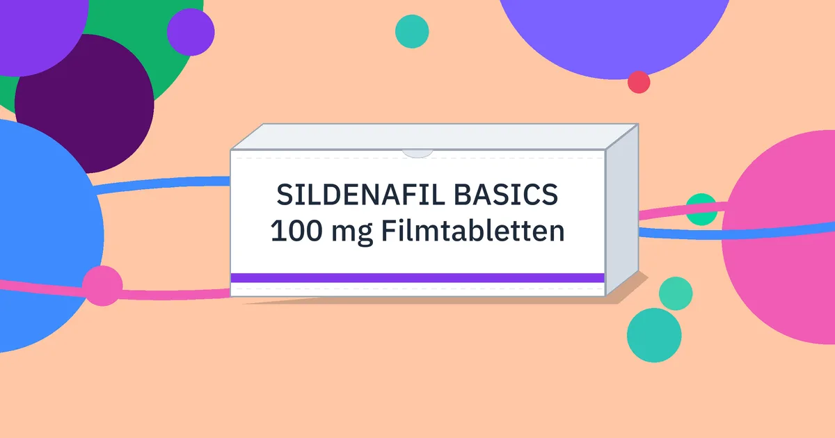 Symbolbild: Packung mit der Aufschrift SILDENAFIL BASICS 100 mg Filmtabletten (PZN 04868853) – Verfügbarkeit und Bezug in Apotheken in Frankfurt am Main