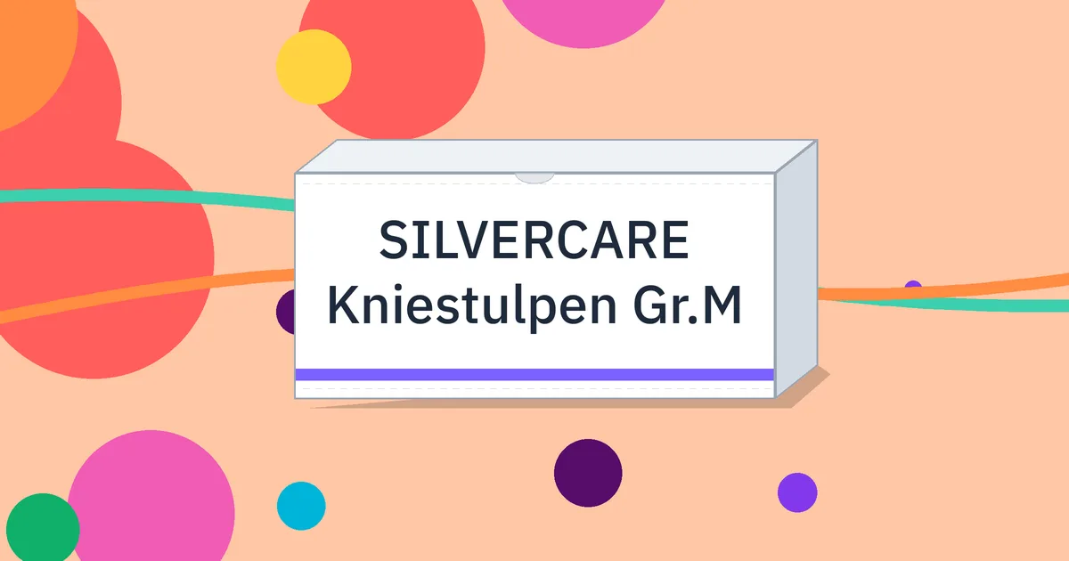 Symbolbild: Packung mit der Aufschrift SILVERCARE Kniestulpen Gr.M (PZN 01110943) – Verfügbarkeit und Bezug in Apotheken in Frankfurt am Main