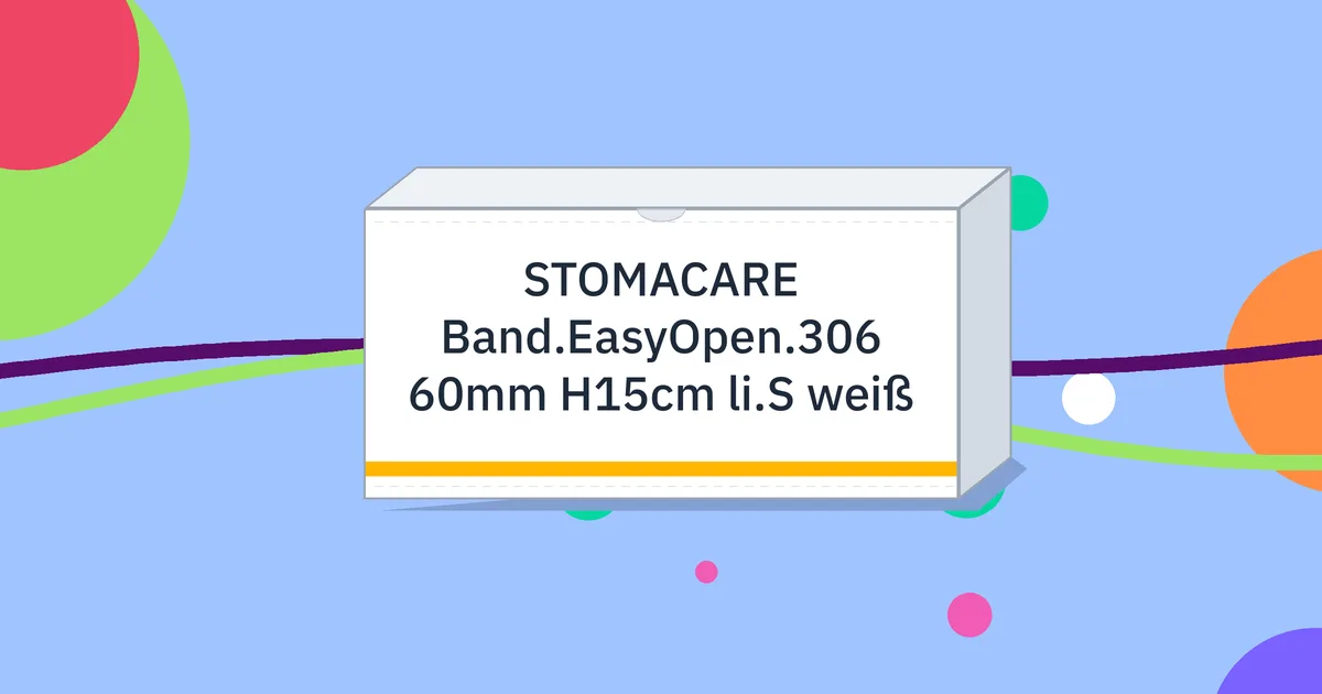 Symbolbild: Packung mit der Aufschrift STOMACARE Band.EasyOpen.306 60mm H15cm li.S weiß (PZN 09109224) – Verfügbarkeit und Bezug in Apotheken in Frankfurt am Main